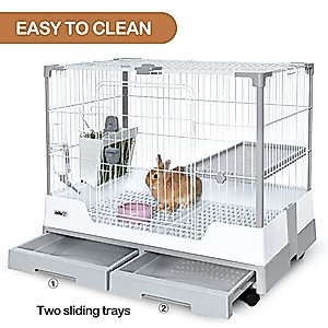 OIIBO Small Animal Cage for Rabbit,32" × 21" × 26" inch Foldable Rabbit Cage Hutch with Pull Out Tray and Caster Platform for Ferret Chinchilla
