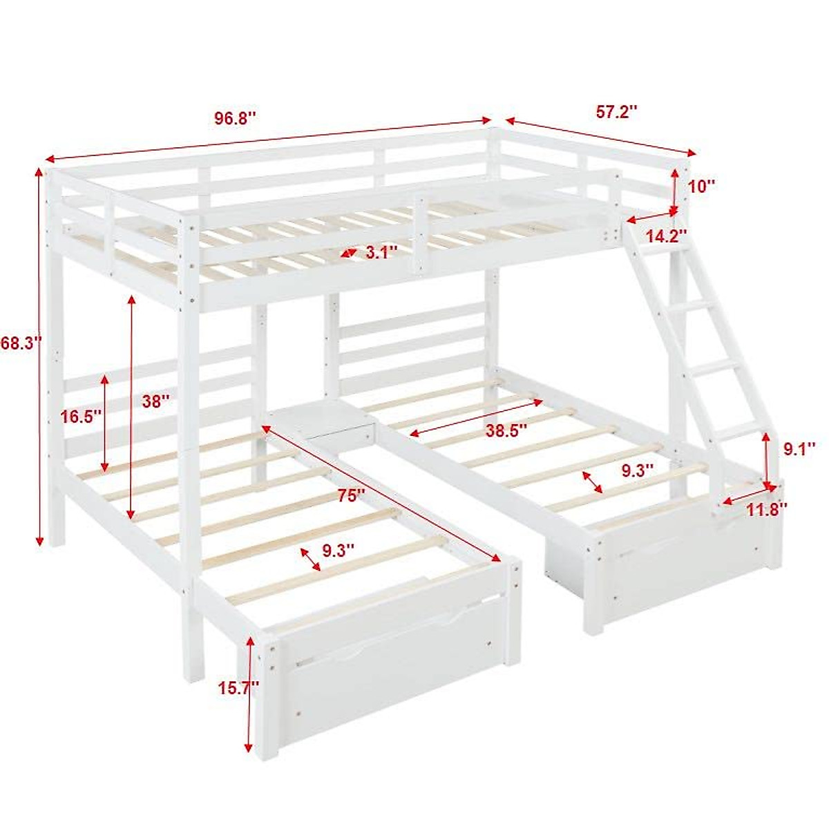 Triple Bunk Bed for Kids Teens,Can Be Separated Into 3 Full Over Twin & Twin Bunked Bedframe with Storage Drawer and Guardrails Wood for Living Room Bedroom,White