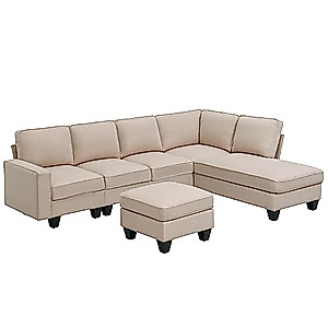 GAOWEI Modern L-Shaped Sectional Sofa,7-seat Linen Fabric Couch Set with Chaise Lounge and Convertible Ottoman for Living Room,Apartment,Office Modular sectional Sofa l Shaped Sofa (Khaki)