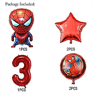 6PCS Superhero Spiderman-themed 3rd Birthday Decorations Red Number 3 Balloon 32 Inch | The Spiderman Birthday Balloons for Kids Birthday Baby Shower Party Decorations (Spiderman3rd Birthday)