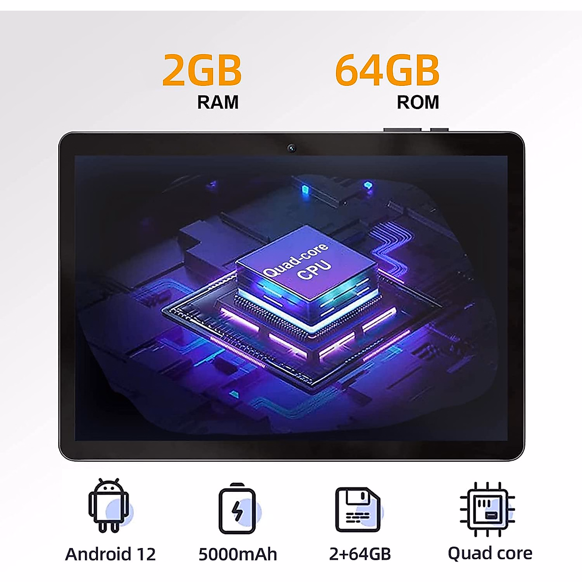 SGIN 10 Inches Tablet Computer, 2GB RAM 64GB ROM, Android 12 IPS Display, Quad-Core Processor 1.6GHz, 5000mWh Battery, TF Card 32GB Expansion, GPS, Bluetooth, Black, WiFi