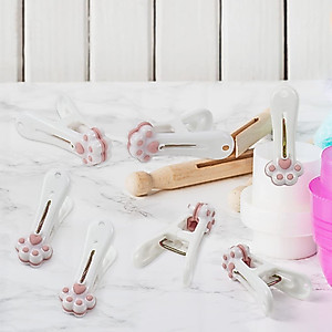 Ctpeng 24 Pack Traceless Plastic Clothespins,Clothes Pins Hanging Clips for Laundry,Cute Chip Clips, Food Bag Clips with Strong Grip for Snack Coffee Chips Storage(Cat Paw Pattern,Pink&Grey)