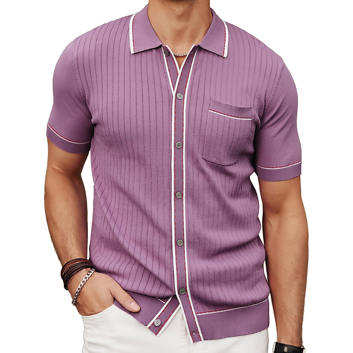 Mens Short Sleeve Knit Shirt Vintage Button Down Golf Polo Shirt Purple S