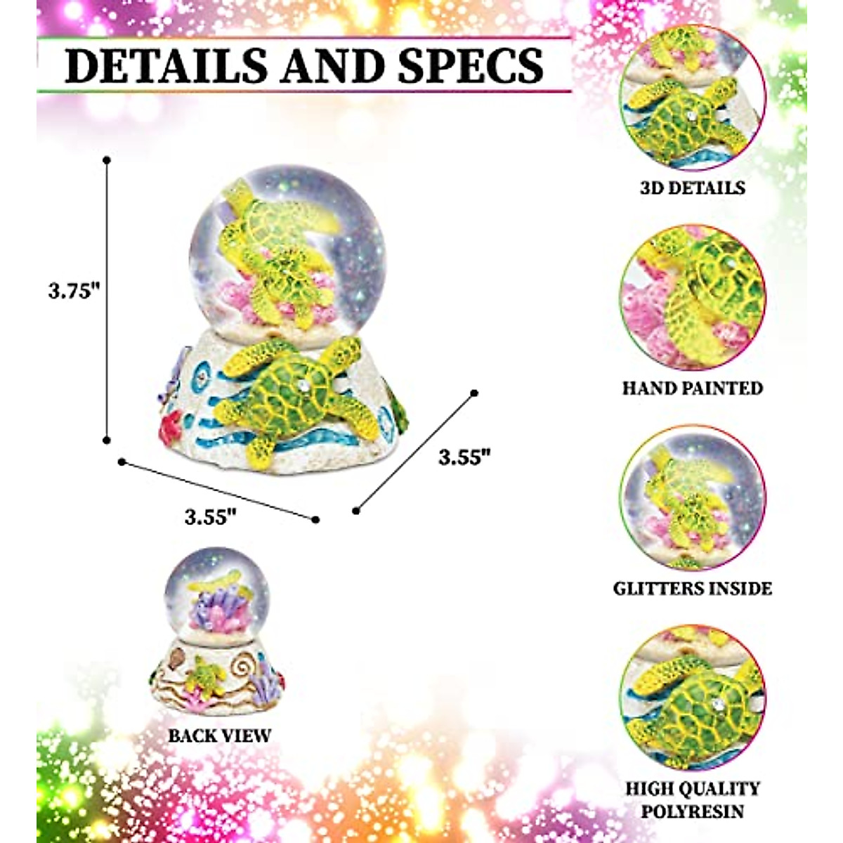 COTA Global Sea Turtle Stone Snow Globe - Sparkly Water Globe Figurine with Sparkling Glitter, Collectible Novelty Ornament for Home Decor, for Birthdays, Christmas, and Valentine's Day