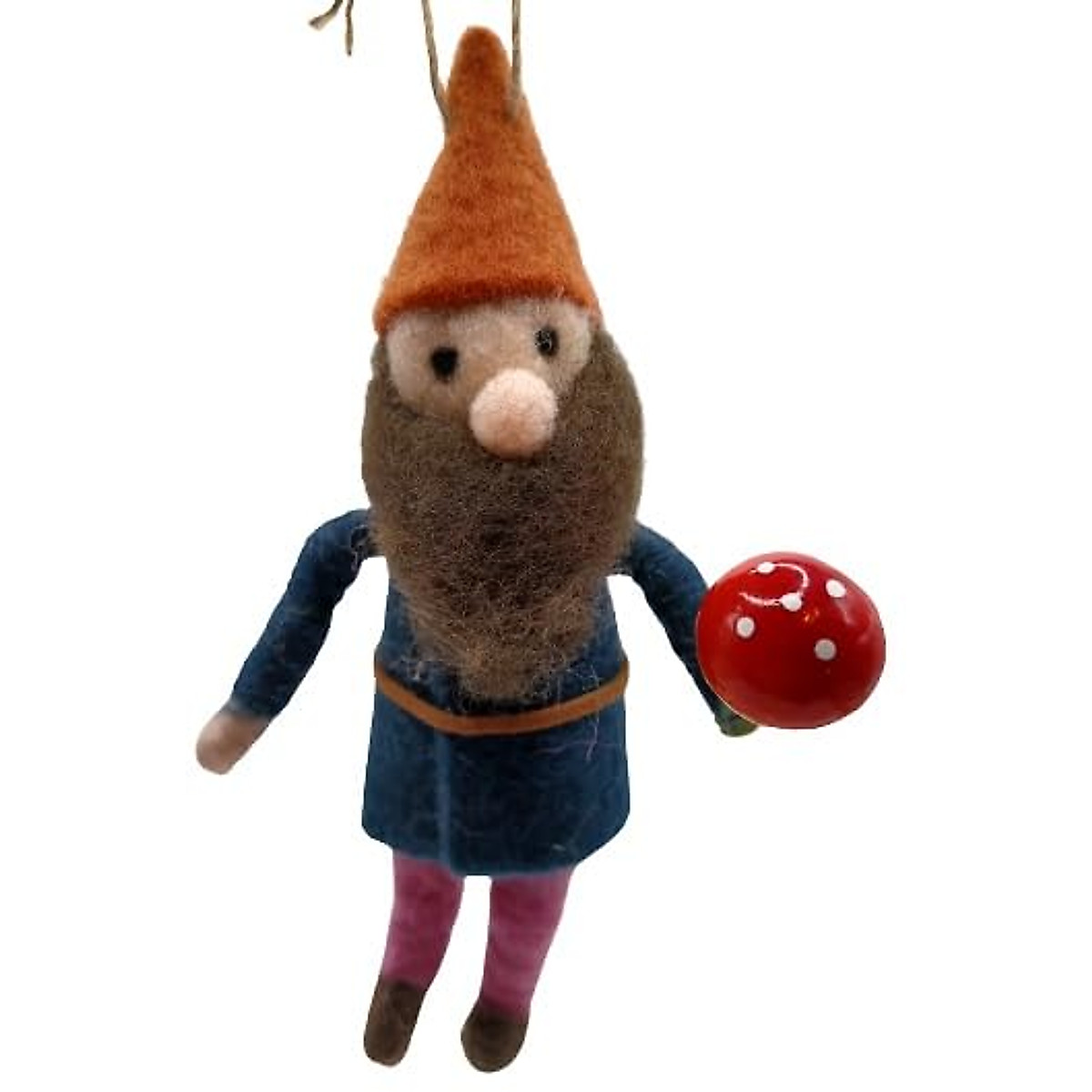 OnHoliday Felt Gnome in Dark Blue Shirt Holding Mushroom Hanging Christmas Tree Ornament