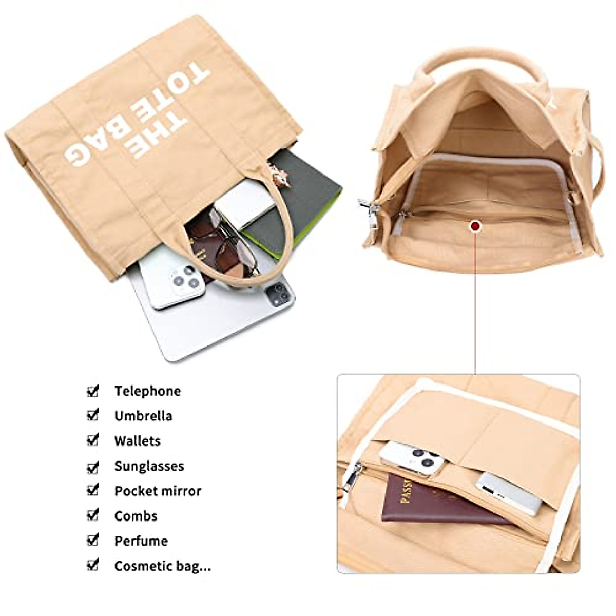 TINYAT Tote Bag for Women Canvas Handbag Purse Casual Shoulder Bag with Zipper Top Handle Crossbody for School,Travel,Work