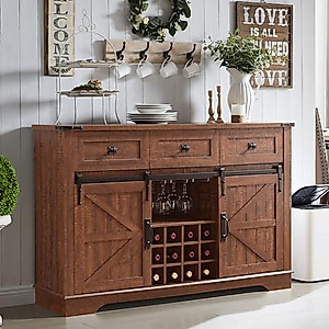OKD Farmhouse Buffet Cabinet with Storage, 54" Sideboard w/ 3 Drawers, Sliding Barn Door, Wine and Glass Rack, Storage Shelves, Liquor Coffee Bar Cupboard for Kitchen, Dining Room, Reclaimed Barnwood