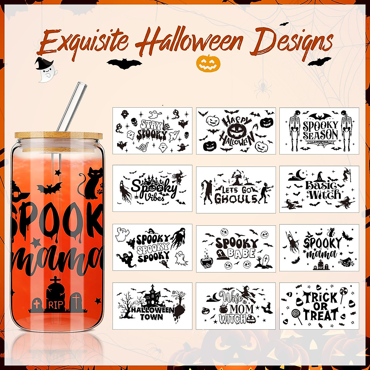 Umigy 12 Pcs Halloween Cups 16oz Halloween Mason Jar with Lid Straw Halloween Tumbler Ghost Iced Coffee Cups Beer Glassware Cookie Jar Gift Drinking Water Bottles Halloween Decoration (Retro Style)