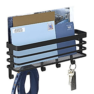 mDesign Metal Wall Mount Mail and Key Holder with 5 Hooks, Hanger Rack Shelf for Home Entryway, Mudroom, Kitchen, Hold Letters, Cards, Magazines, Coats, Umbrellas, Carson Collection, Matte Black