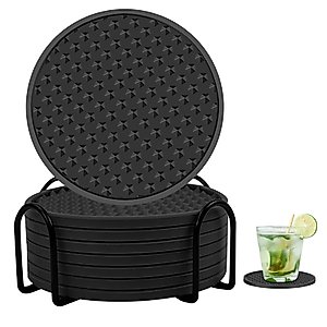 Ouzoustate 8 PCS Coasters for Drinks with Holder-Silicone Black Coasters Set of 8-Cup Coasters for Coffee Table-Cup Mat Drink Coasters for Tabletop Protection and Home Decor