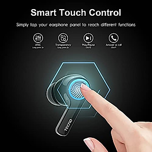 Tecno True Wireless Bluetooth Earbuds Noise Cancelling, ANC Bluetooth Headphone with Microphone and Breathing Light, USB-C Waterproof Earphones with Touch Control for Android iOS, H3 Black