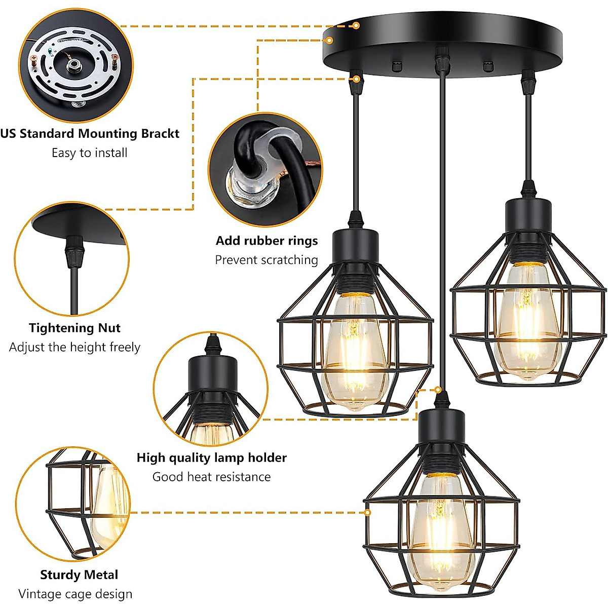 FadimiKoo Farmhouse 3-Light Pendant Light Fixtures, Adjustable Industrial Hanging Pendant Lighting for Kitchen Island, Vintage Black Metal Cage Pendant Ceiling Lamp for Dining Room Bedroom
