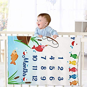 Gone Fishing Baby Monthly Milestone Blanket Little Fisherman Bobber Photo Prop Blanket The Big One Ideas for Newborn Boy and Girl Nursery Décor 40" X 50"