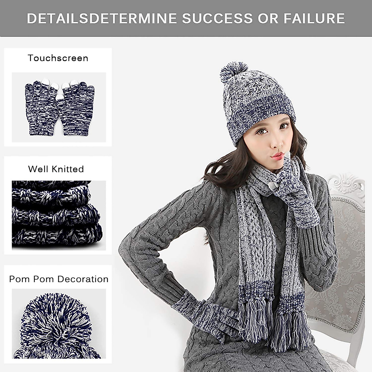 DTBG Knitted Beanie Gloves & Scarf Winter Set Warm Thick Fashion Hat Mittens 3 in 1 Cold Weather for Women Blue