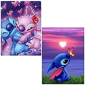 Ecdivjs 2 Pack Stitch Diamond Painting Kits for Adults,Stitch Diamond Art Kits for Adults,Stitch Diamond Painting Gem Art Kits for Adults for Gift Home Wall Decor(12x16 inch)
