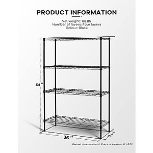 4-Tier Storage Shelves Adjustable,Wire Shelving Heavy Duty Storage Rack(250 Lbs Loading Capacity/Shelf) Metal Shelf Organizer Wire Rack Shelf for Pantry Garage Kitchen 36" D x14 W x 54" H -Black
