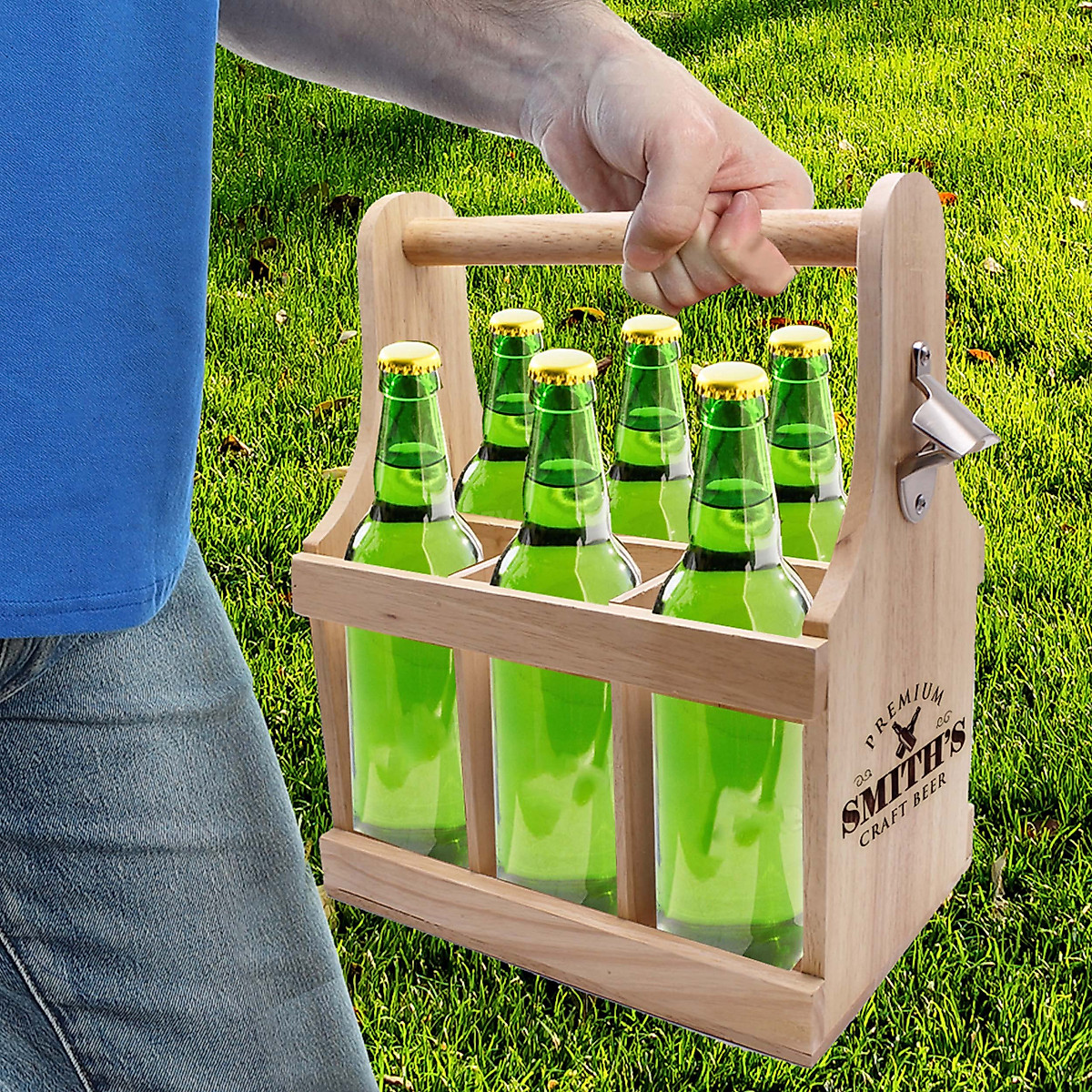 Custom Personalized Wooden 6 Pack Beer Caddy Carrier with Stainless Steel Opener