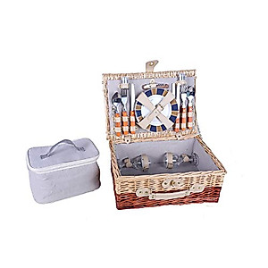LA Chama Deluxe 4 Person Willow Picnic Basket, 4 Persons Sets, Mobile Ice Pack, Deluxe Plates, Khaki Brown