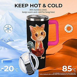 Orange Cat Sitting on A Rooster 40 Oz Tumbler Insulated Stainless Steel Water Bottle Travel Mug Car Cup with Handle And Straw
