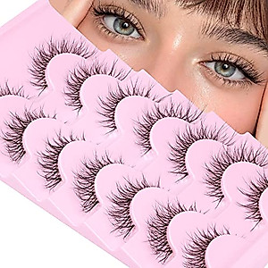 Wispy Lashes Natural Look False Eyelashes Clear Band Fluffy Faux Mink Cat Eye Lashes Pack 15mm 3D Light Fake Lashs that look like Extensions Soft Curly Lash Strips 7 Pairs