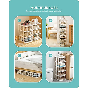 Baffect 8 Tier Shoe Rack, Free Standing Shoe Storage Organizer for Closet, Plastic Stackable Shoe Storage Tower, Vertical Shoe Holder for Entryway Space Saving Narrow Shoe Cabinet (White)