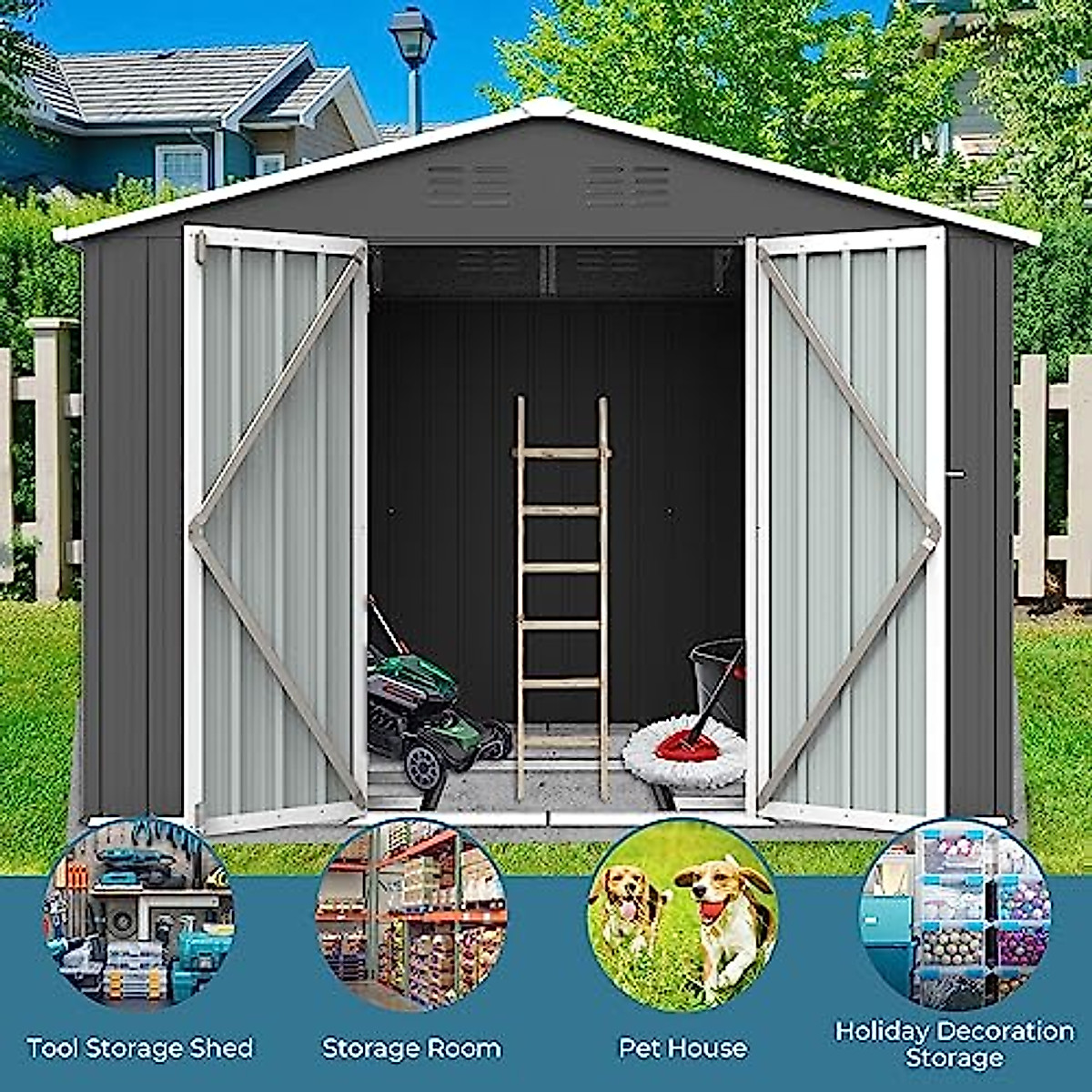 Zevemomo 8 x 6 ft Outdoor Storage Shed, All Weather Tool Shed with Metal Foundation & Lockable Doors, Metal Shed Outdoor Storage for Garden, Patio, Backyard, Lawn, Grey