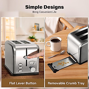 Simple Deluxe 1.5" Wide Slot 2-Slice Toaster, 5 Browning Setting and 3 Function, Retro Stainless-Steel Style, Removable Crumb Tray, Kitchen Essentials, for Bagel, Silver