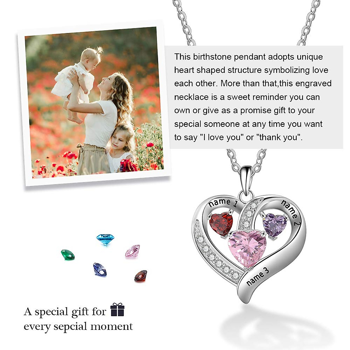 Personalized Mothers Pendant Necklace with 3 Heart Simulated Birthstone 3 Names Engraved Family Promise Necklace for Female Women (3 Stones)