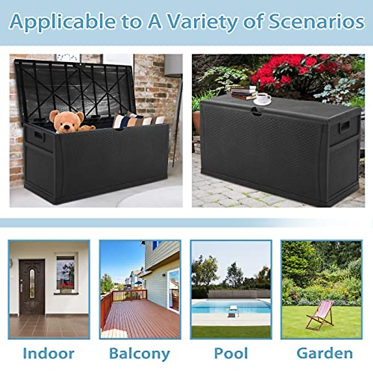 SUNCROWN 120 Gallon Outdoor Storage Box Waterproof Resin Storage Bench Deck Box with Handles for Patio Furniture Cushions, Toys and Garden Tools, Black