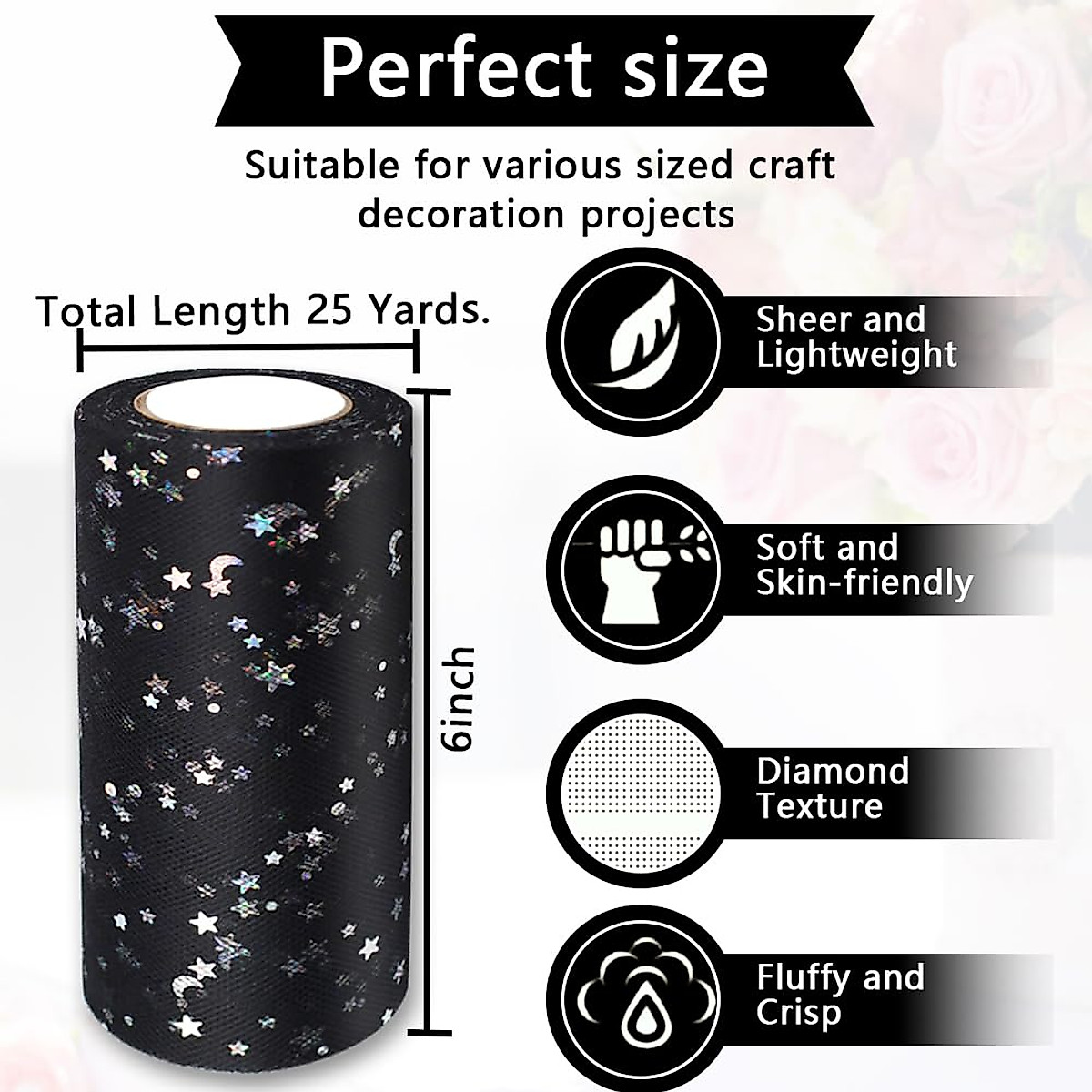 Aohcae Black Glitter Tulle Rolls 6" x 25 Yards Sparkle Tulle Fabric for DIY Gift Wrapping Wedding Baby Shower Tutu Birthday Party Decorations