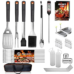 39PCS BBQ Tools and Grill Accessories, Grill Barbecue Set for Camping/Backyard, Stainless Steel Grill Tools with Heat-Resistant Handle, Thermometer, Grill Mats, Fork, Tongs-Perfect Grill Gifts for Men