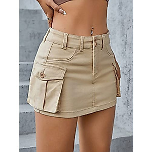 MakeMeChic Women's Y2K Skirt Low Rise Flap Pocket Mini Bodycon Denim Jean Skirt Khaki M