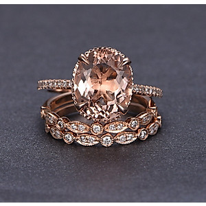 Oval Morganite Engagement Ring Trio Bridal Set Milgrain Under Gallery 14K Rose Gold Art Deco 10x12mm