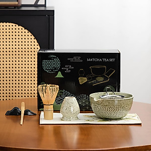 DWEHIXBUY Japanese Matcha Ceremony Accessory, Matcha Whisk, Traditional Scoop (Chashaku), Tea Spoon, Whisk Holder, 1 tea bowl, 1 tea siev, The Perfect Set to Prepare a Traditional Cup of Matcha.