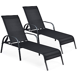 Giantex 2 Pcs Lounge Chairs Patio Furniture, Backyard Lawn Sling Chaise w/Adjustable Back, Folding Recliners for Outdoor, Black