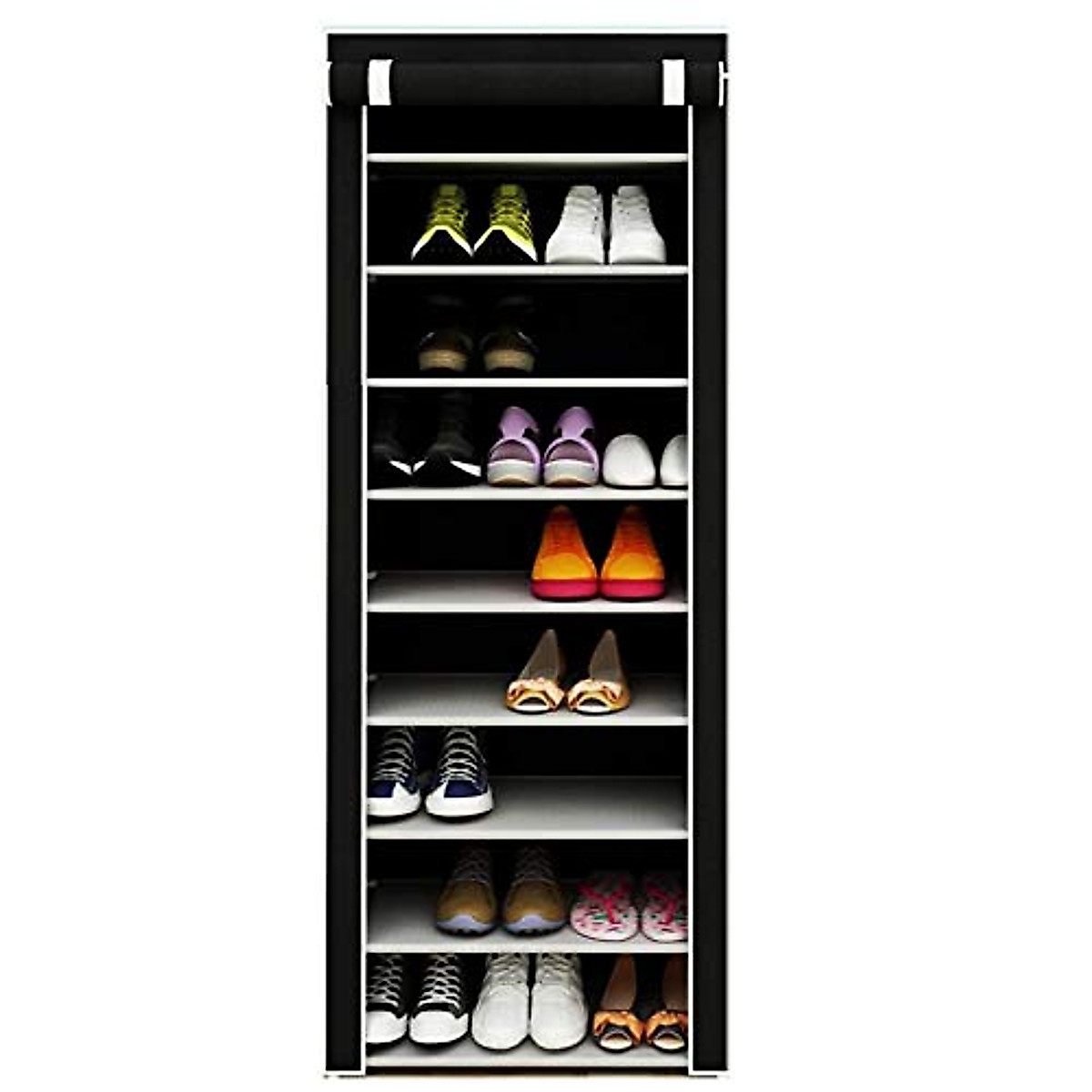 SoSo-BanTian1989 Black 10 Tiers Metal Tube Frame Shoe Rack with Dustproof Cover, 27 Pairs Shoes Cabinet Closet Storage Organizer Tower Shelf