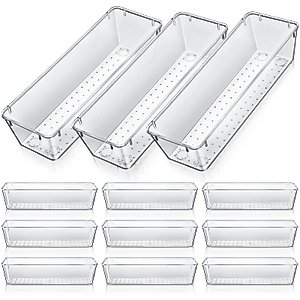 Maitys 12 Pcs Vanity Drawer Organizer 9" x 3" x 2" Clear Plastic Utensil Organizers Kitchen Drawers Dividers for Office Desk Silverware Kitchen Utensils Cosmetics and Bathrooms (Clear)