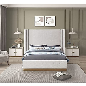Meridian Furniture HaltonCream-K Halton Collection Modern | Contemporary Boucle Fabric Upholstered King Bed, Rich Cream Boucle Fabric, Brushed Gold Metal Base, 94" W x 86.5" D x 65" H, Cream, King