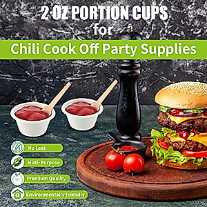 100 Set 2 oz Portion Cups Paper Souffle Portion Cups with Wooden Spoons Disposable Chili Cook Off Sample Cups for Party Supplies (100)