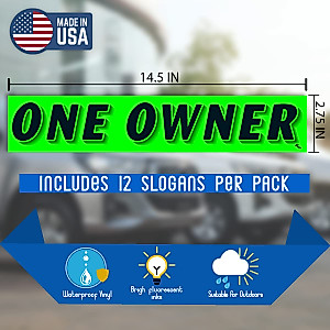 Versa Tags Windshield Slogan Stickers 12 Pack Each of FINANCING Available, PER Month, ONE Owner, Low Mileage, Loaded (60) Window Stickers Total Dealership Stickers Black On Green