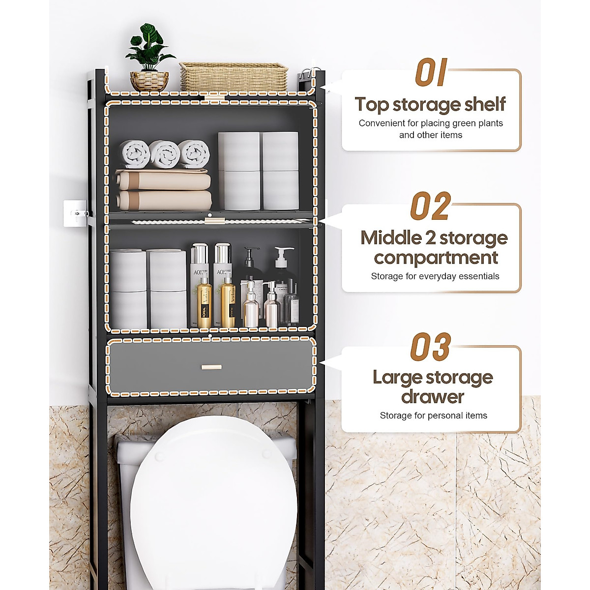 Cozivolife Over The Toilet Storage Cabinet with Drawer and Flip Door,Bamboo Bathroom Organizer Shelf with Anti-Tip Design and Waterproof Feet Pad,Freestanding Rack Above Toilet Space Saver (Black)