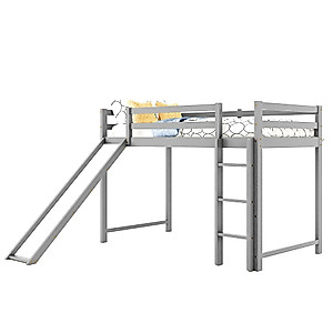 Actual Twin Over Twin Low Bunk Bed, Wood Bunk Bed Frame with Slide and Fence for Kids, Toddlers, Boys, Girls, No Box Spring Needed LF (Gray+Wood)