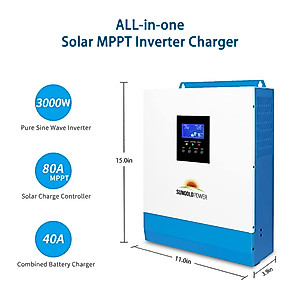 SUNGOLDPOWER 3000W 24V Hybrid Solar Inverter All in One, 120Vac AC Input,120Vac AC Output, 80A MPPT Solar Charger and 40A AC Battery Charger for Off Grid Solar System PV Range 120-450Vdc