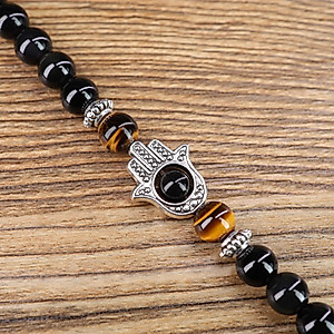 COAI 108 Mala Beads Black Obsidian Tiger Eye Stone Hamsa Hand Bracelet Necklace