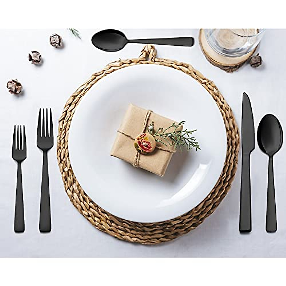 Wildone 40-Piece Black Silverware Set, Stainless Steel Flatware Square Cutlery Set Service for 8, Eating Utensils Include Knife Fork Spoon, Mirror Polished & Dishwasher Safe