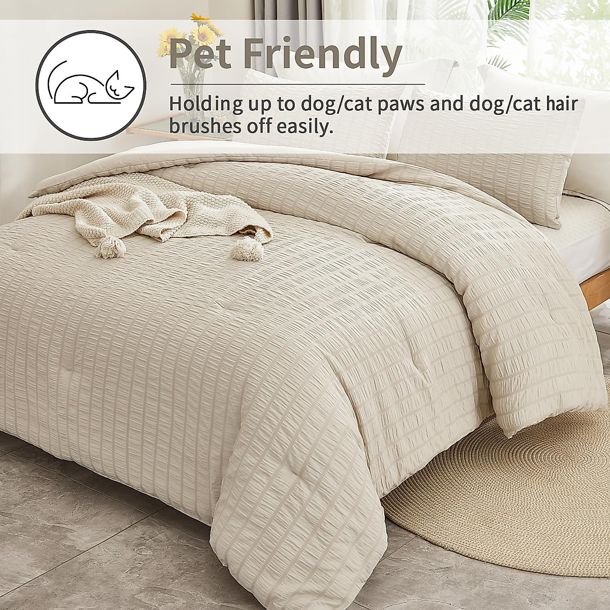 AveLom Beige Seersucker Twin Comforter Set (68x90 inches), 2 Pieces-100% Soft Washed Microfiber Lightweight Comforter with 2 Pillowcases, All Season Down Alternative Comforter Set for Bedding