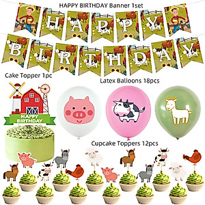 Ipalmay Farm Birthday Party Supplies - 32pcs Rustic Barnyard Kids Party Decorations, Colorful Cow Sheep Pig Balloons, Happy Birthday Banner, Animal Cup Cake Toppers, Boy Girl Teens Party Backdrop