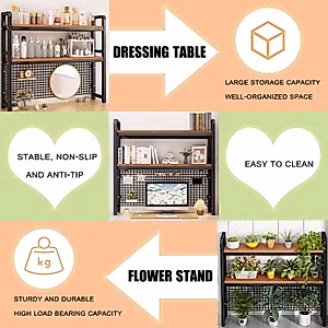2-Tier Desk Shelf, 45.3" Multipurpose Desktop Organizer Shelf with Grid Panel, Computer Desktop Bookcase Bookshelf Storage Rack for Home Office Dorm,Black