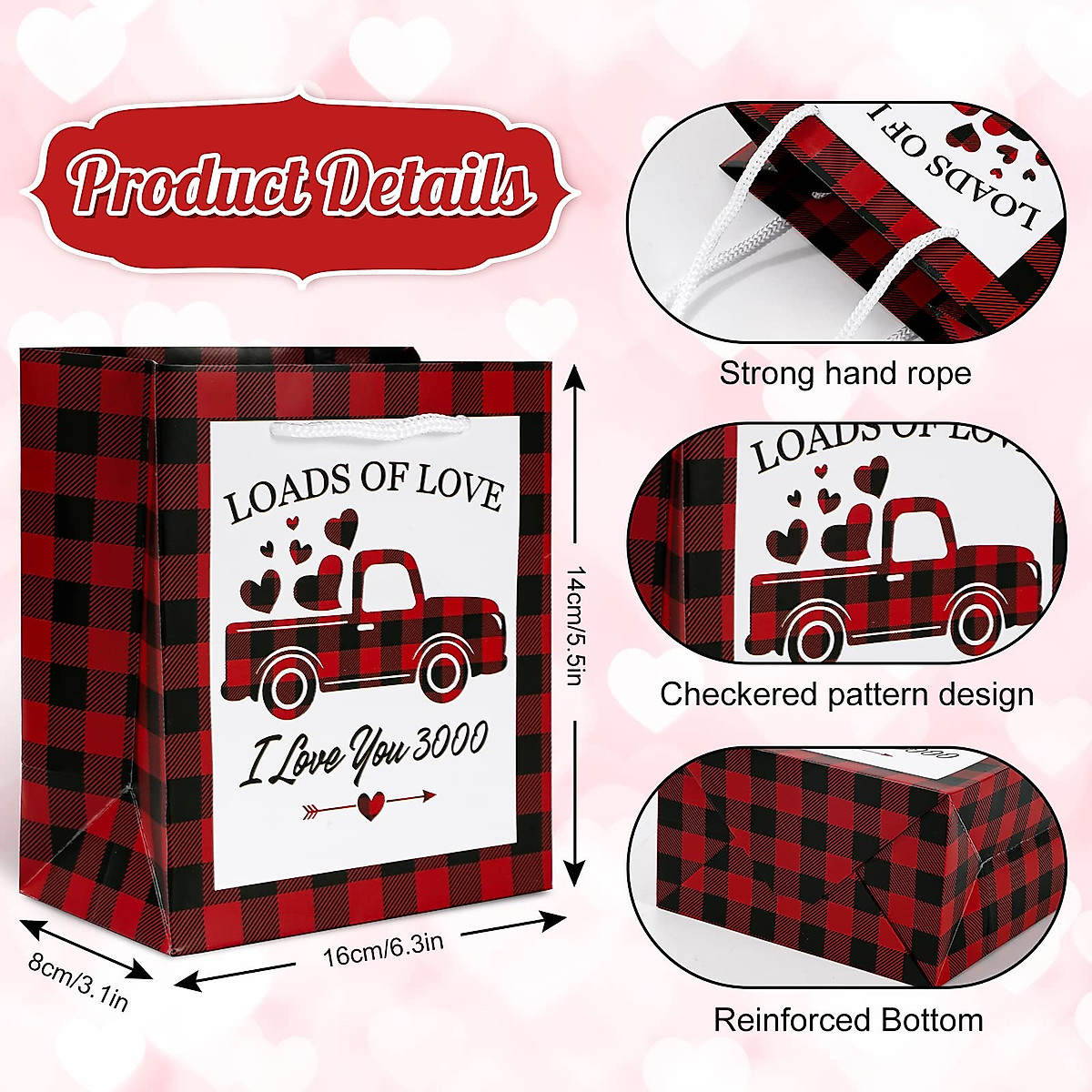 Whaline 12Pcs Valentine's Day Paper Gift Bags with Handle Red Black Buffalo Plaids Candy Goodie Bag Love Heart Truck Cupid Pattern Treat Bags Party Favor Bag for Wedding Engagement Wrapping Supplies
