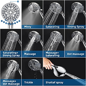 High Pressure Handheld Shower Head 4.7" Large, 10-mode Detachable Shower Head with Hard Water Filter & Adjustable Bracket, Anti-clog & Powerful to Clean Tile & Pets, with 80" Hose - Polished Chrome